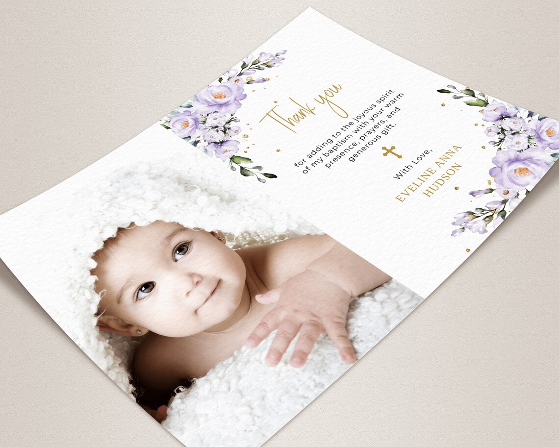 Baptism Thank You Card Template With Lavender Roses, Thank You Note ...