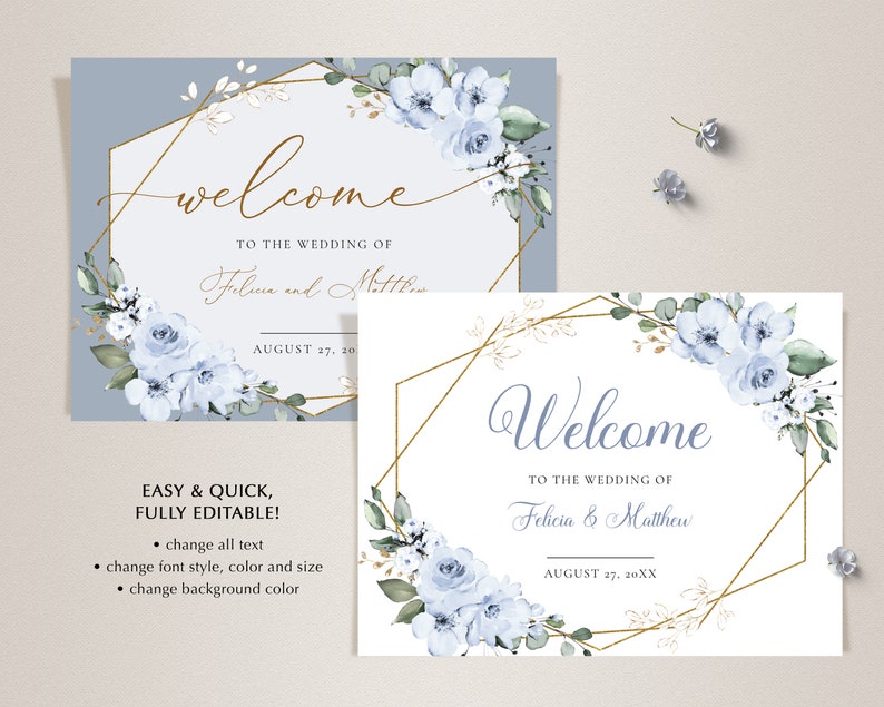 Geometric Wedding Welcome Sign Template With Dusty Blue Roses | Etsy