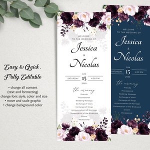 Wedding Program Template With Purple Roses, Dark Plum Wedding Program ...