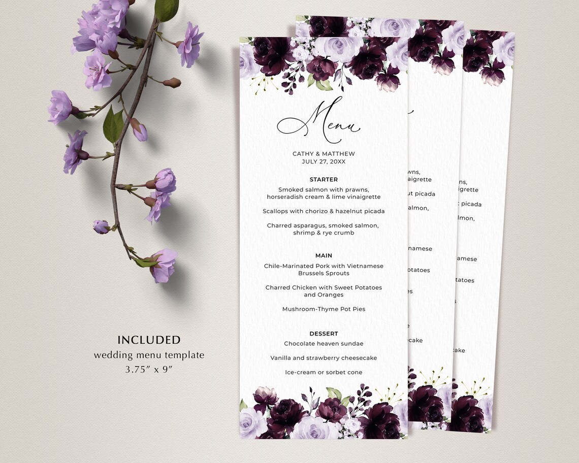 Purple Menu Template wedding Bridal Shower Dinner Brunch - Etsy UK