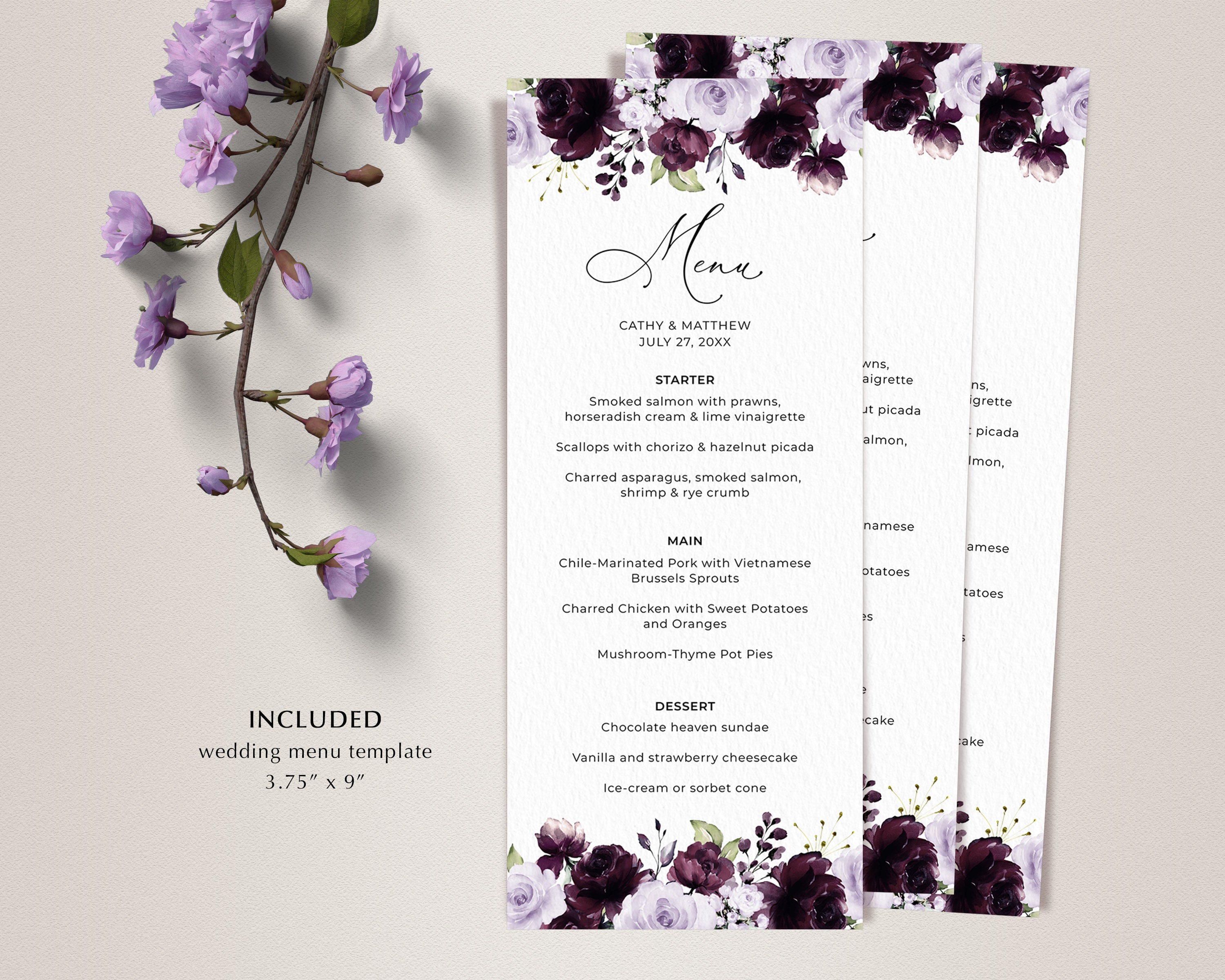 Purple Menu Template wedding Bridal Shower Dinner Brunch - Etsy UK