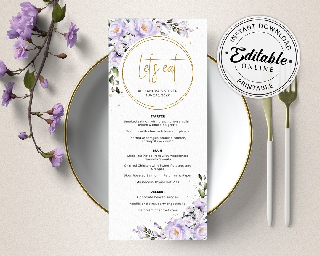 Lavender Menu Template (wedding, Bridal Shower, Dinner, Brunch ...