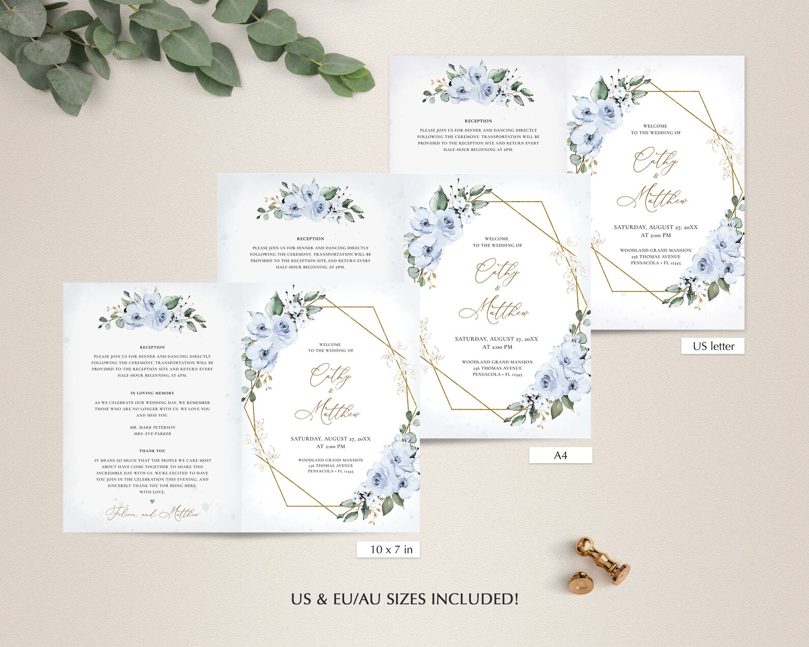 Folded Wedding Program Template With Dusty Blue Roses Wedding - Etsy