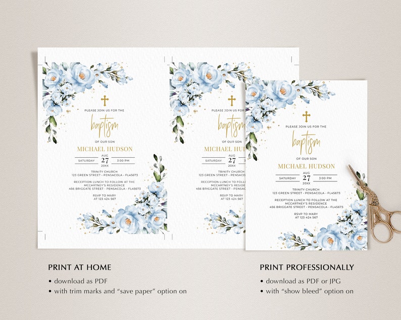 Blue Baptism Invitation Template, Printable First Holy Communion ...