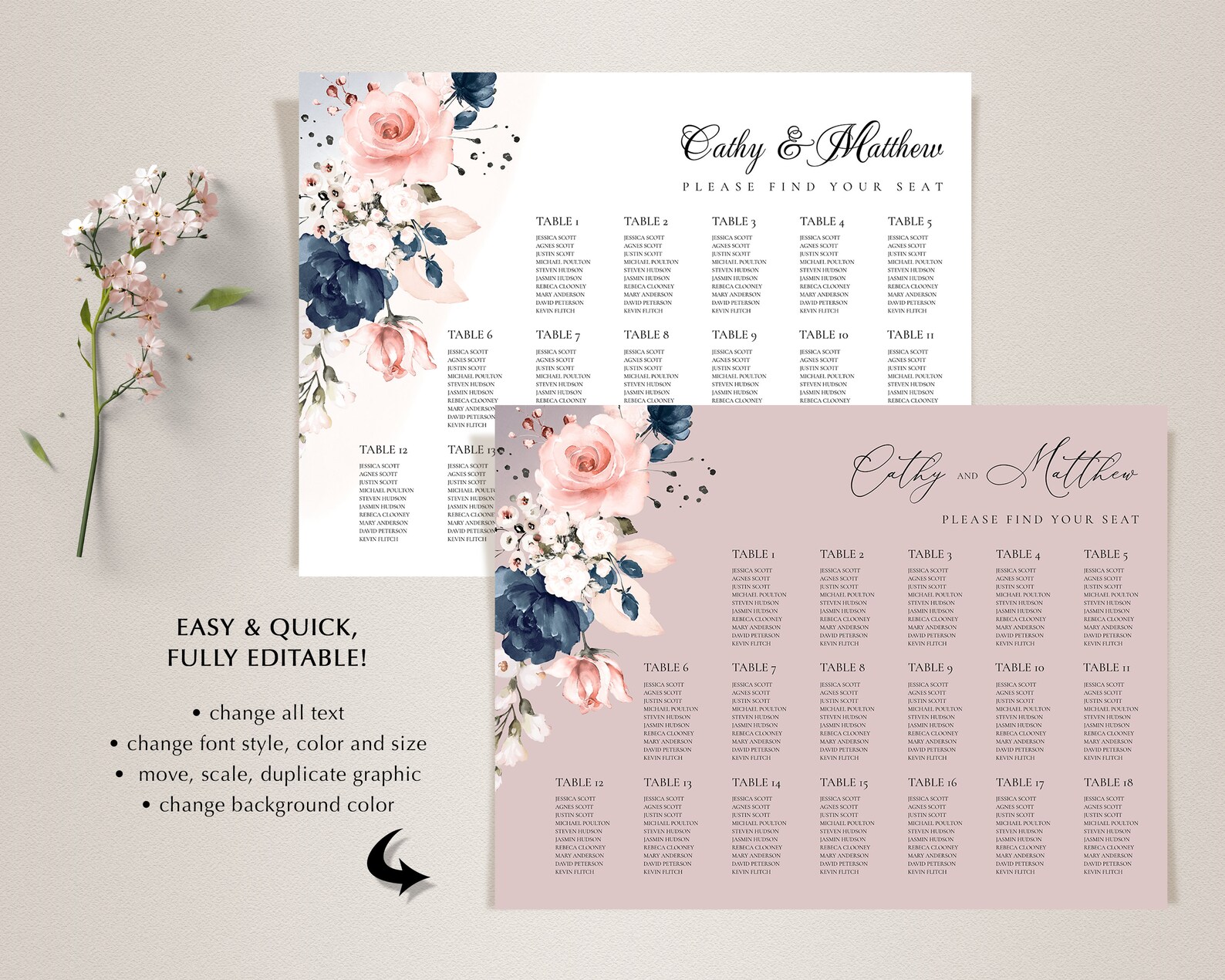 Navy Blue and Blush Pink Seating Chart Template INSTANT | Etsy