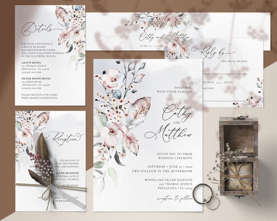 Boho Rustic Wedding Invitation Template Suite Wedding Invite | Etsy