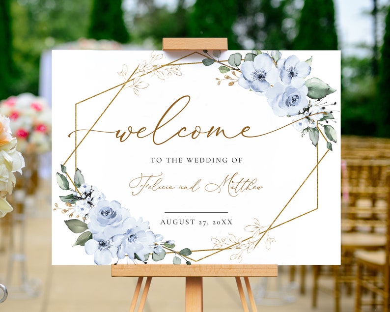 Geometric Wedding Welcome Sign Template With Dusty Blue Roses | Etsy