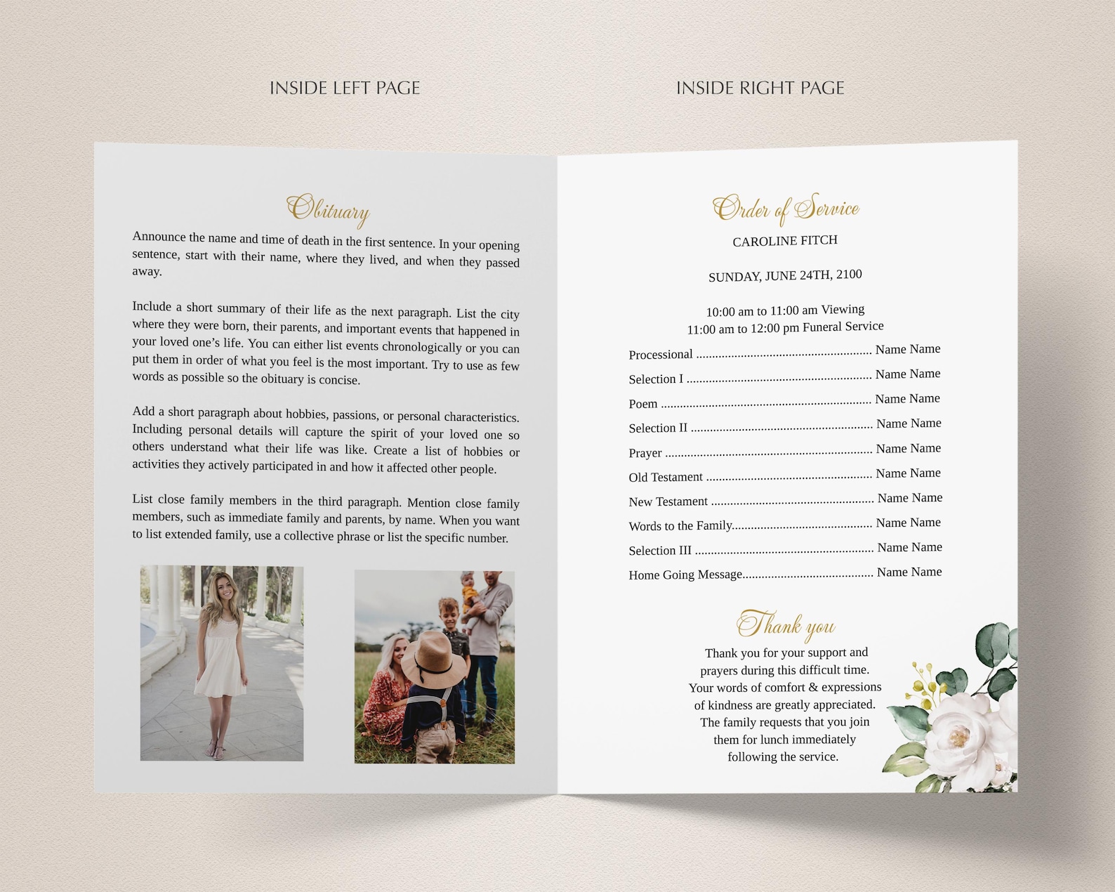 White Roses Editable Funeral Program Template, Order of Service ...
