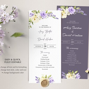 Lavender and Pale Yellow Wedding Program Template, Wedding Order of ...
