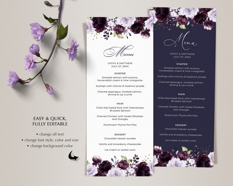 Purple Menu Template (wedding, Bridal Shower, Dinner, Brunch) • INSTANT ...