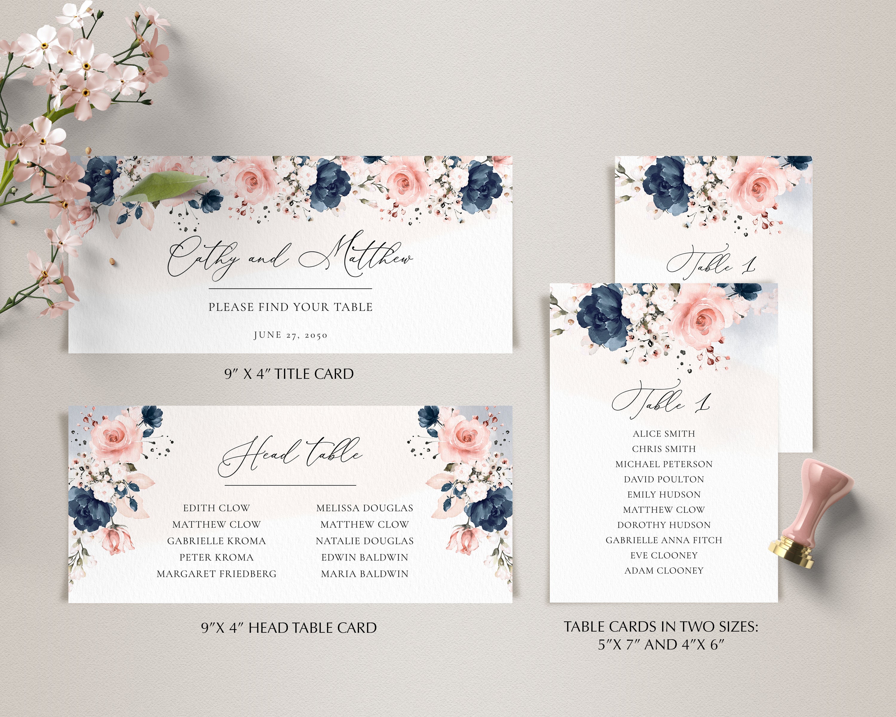 Navy Blue and Blush Pink Wedding Seating Table Cards | Etsy