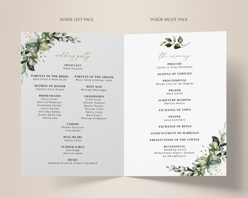 Bi fold Greenery Wedding Program Template Order Of Service Etsy