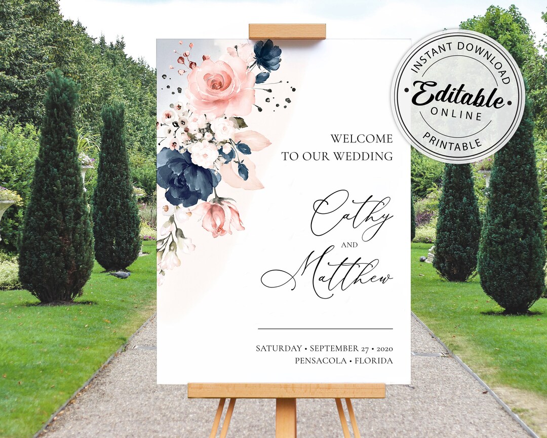 Navy Blue and Blush Pink Welcome Sign Template • INSTANT DOWNLOAD ...