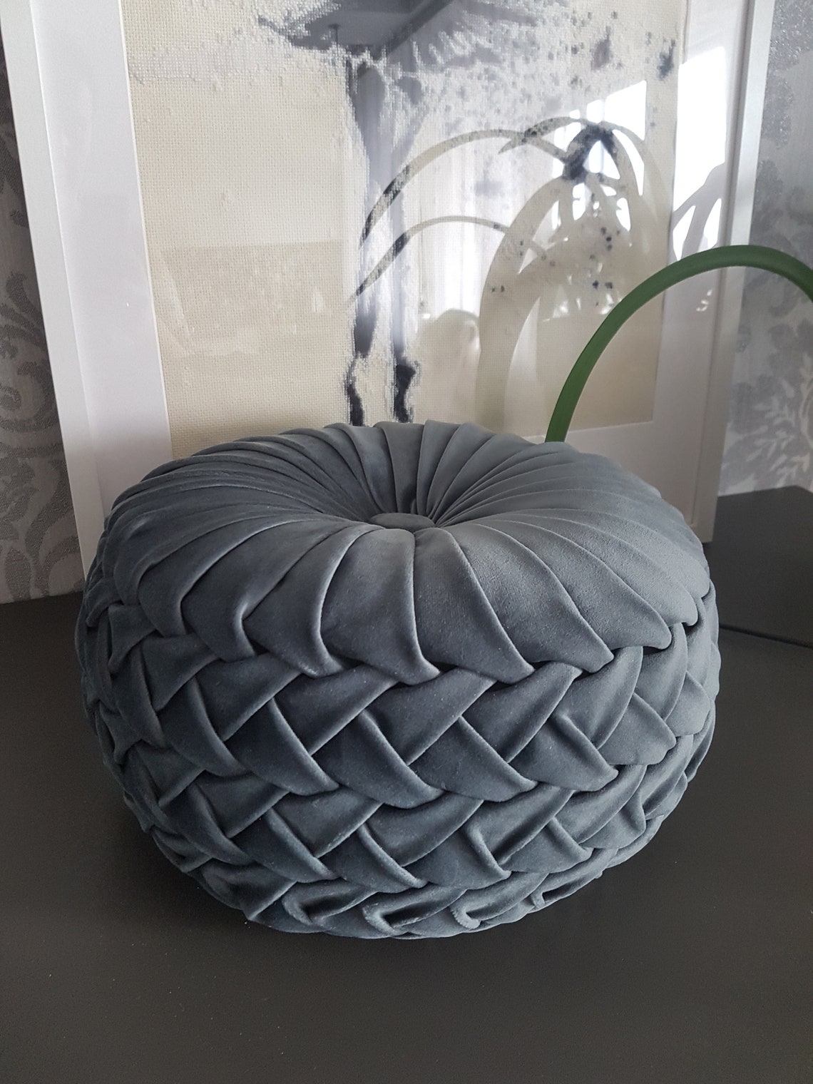 Round Velvet Pillow// Handmade Round Velvet Cushion// Decorative Grey ...