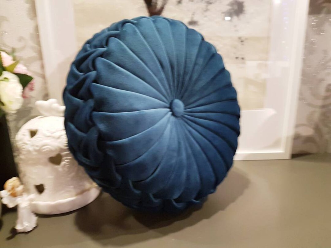Round Velvet Pillow// Handmade Round Velvet Cushion// Decorative Blue ...