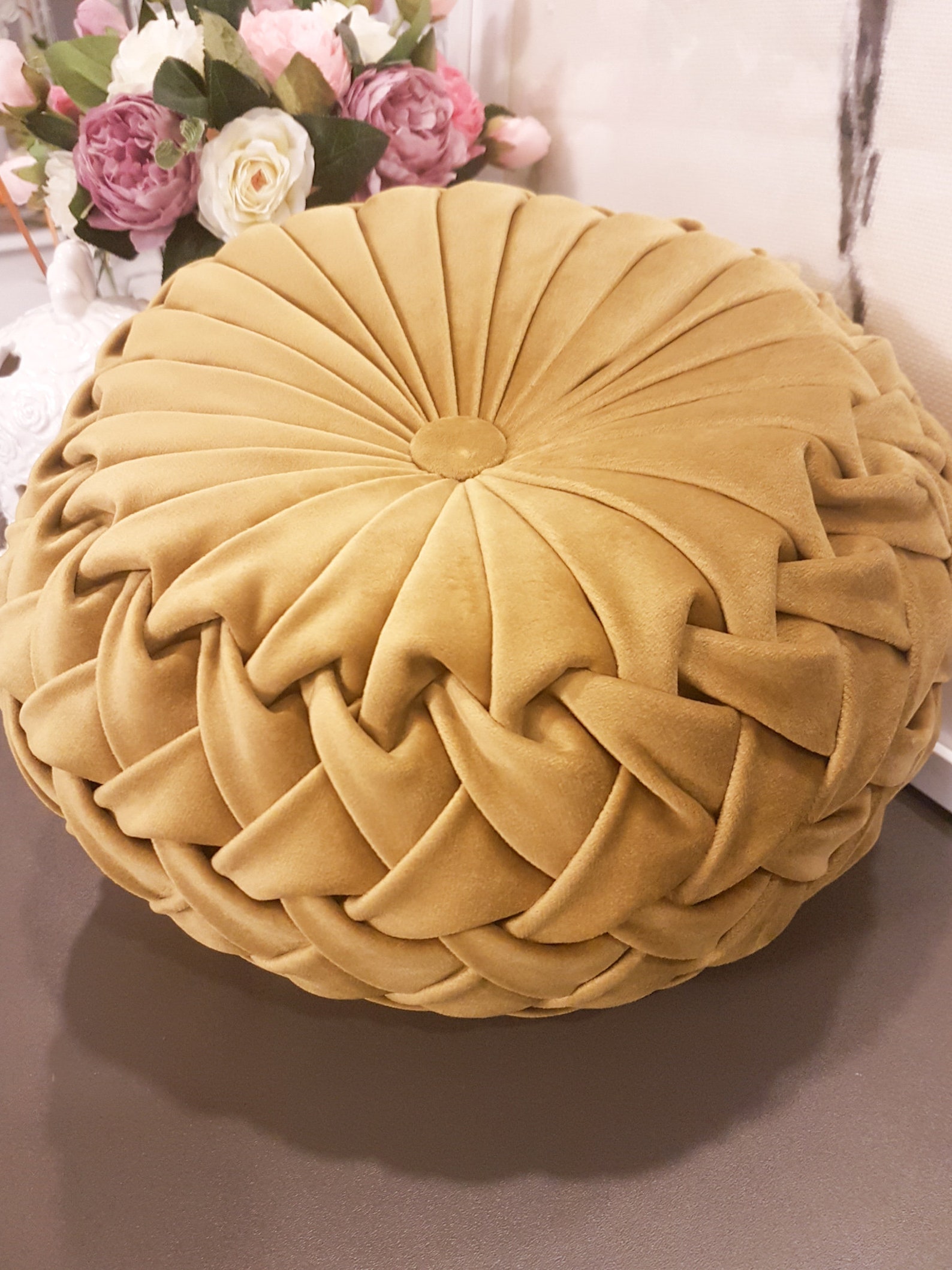 Round Velvet Pillow// Handmade Velvet Cushion// Decorative Yellow ...