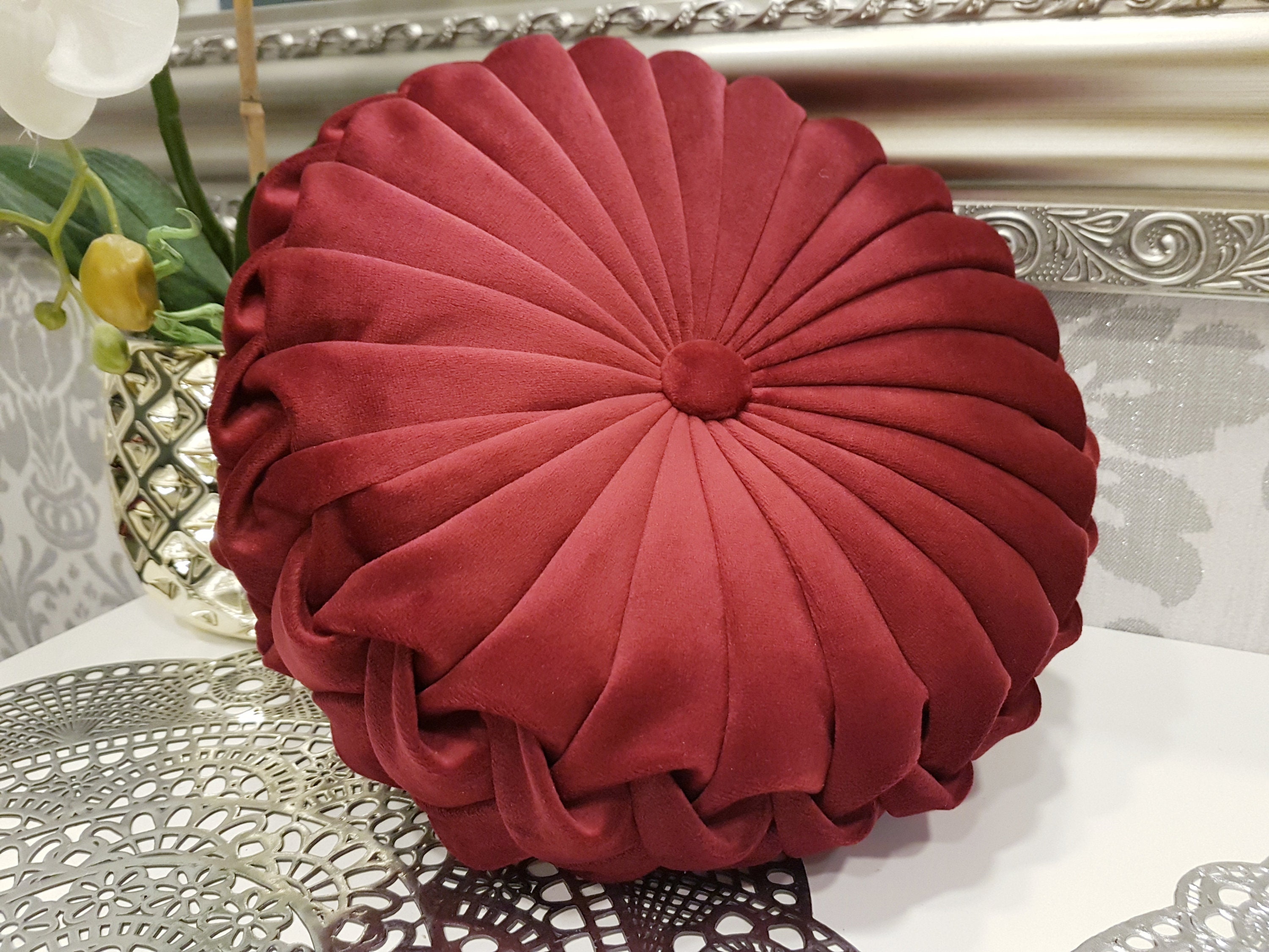 Round Velvet Pillow// Handmade Velvet Cushion// Decorative Red Luxury ...