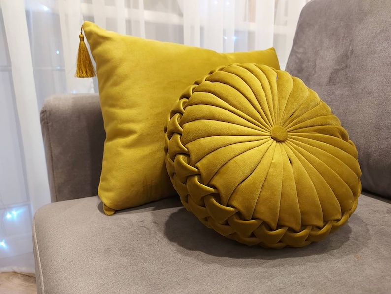 Round Velvet Pillow// Handmade Velvet Cushion// Decorative Yellow ...