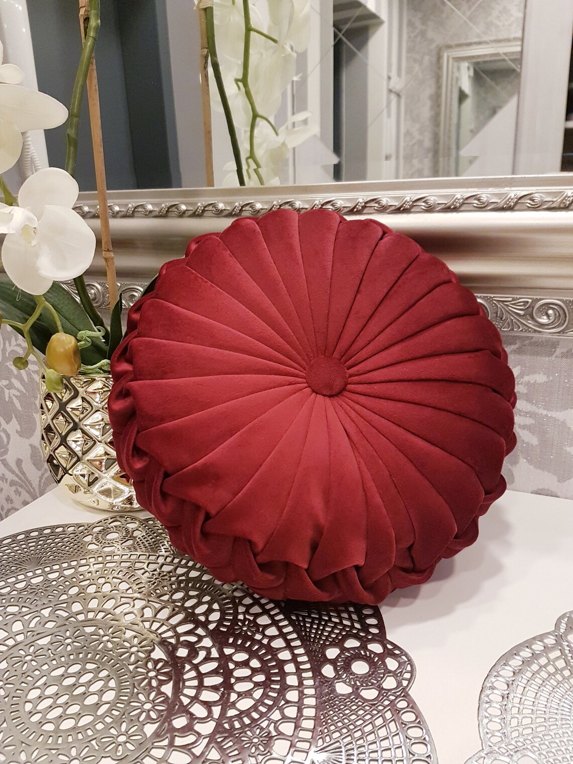 Round Velvet Pillow// Handmade Velvet Cushion// Decorative Red Luxury ...