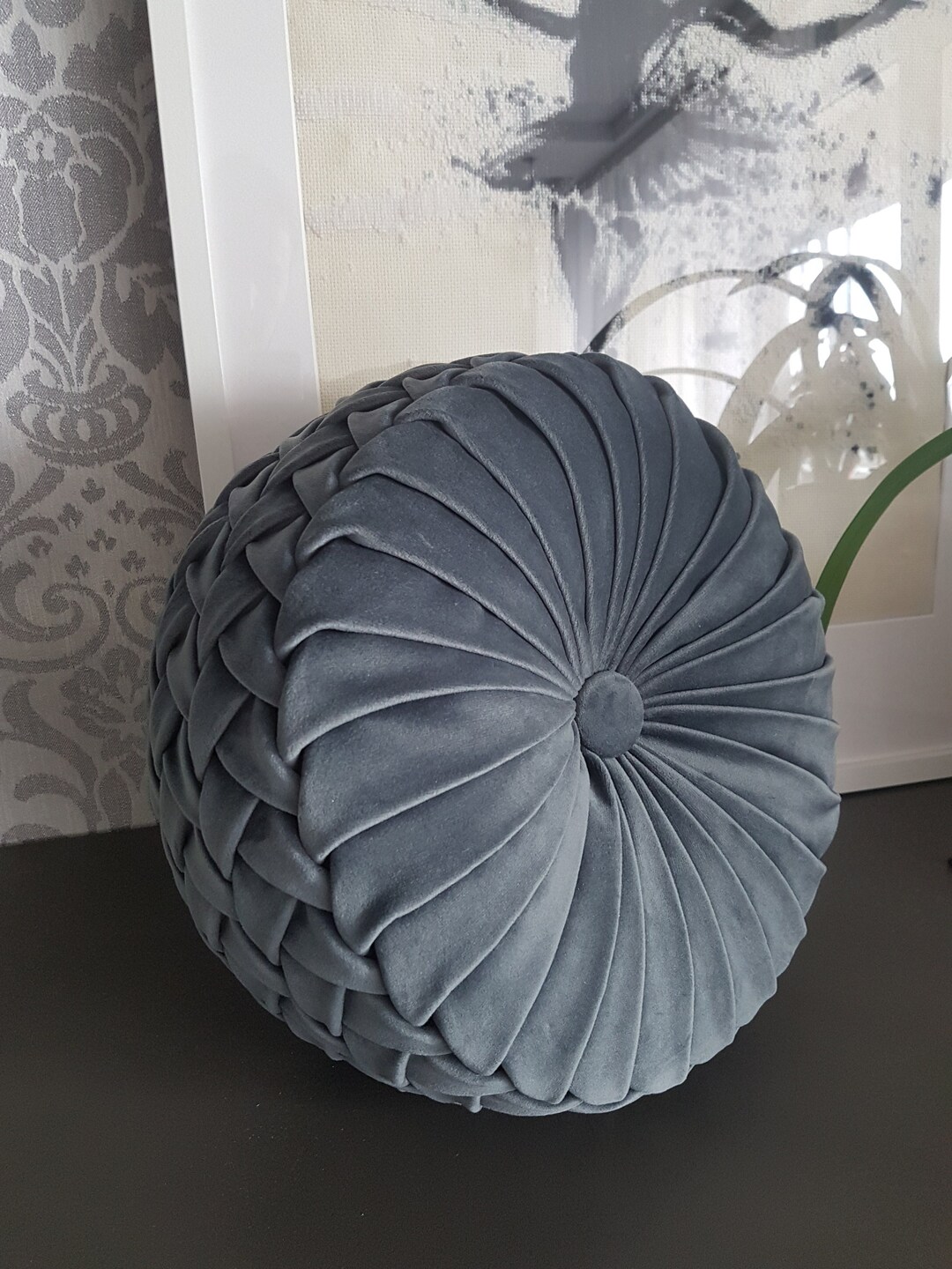 Round Velvet Pillow// Handmade Round Velvet Cushion// Decorative Grey ...