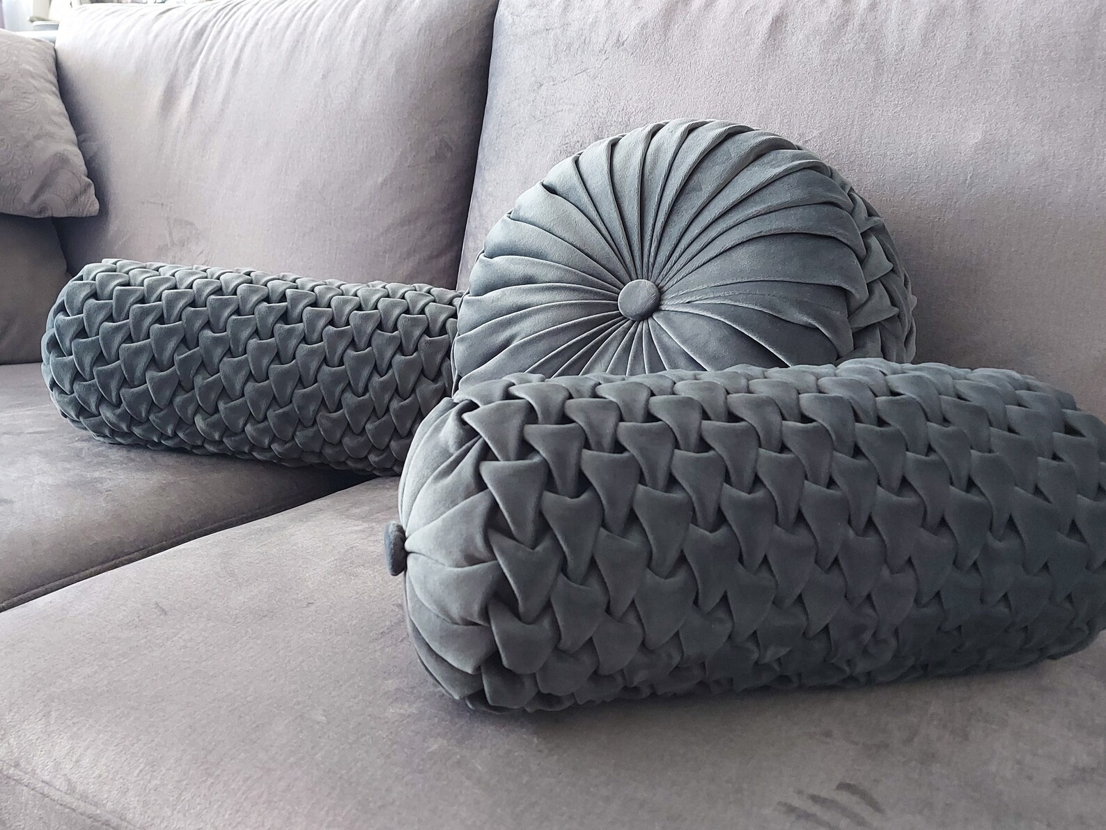 Round Velvet Pillow// Handmade Round Velvet Cushion// Decorative Grey ...