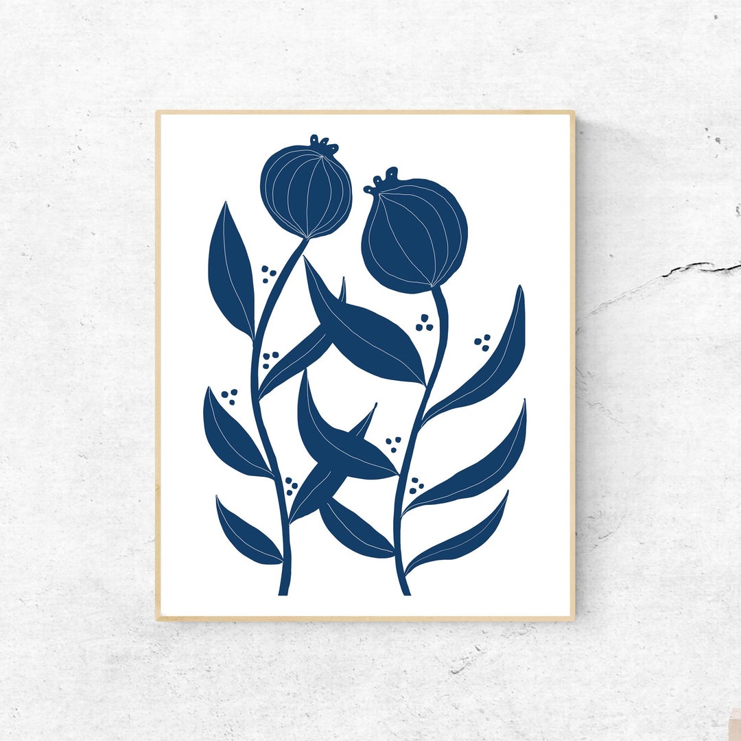 Blue Floral Print, Blue Flowers Printable, Navy Scandi Print, Abstract ...