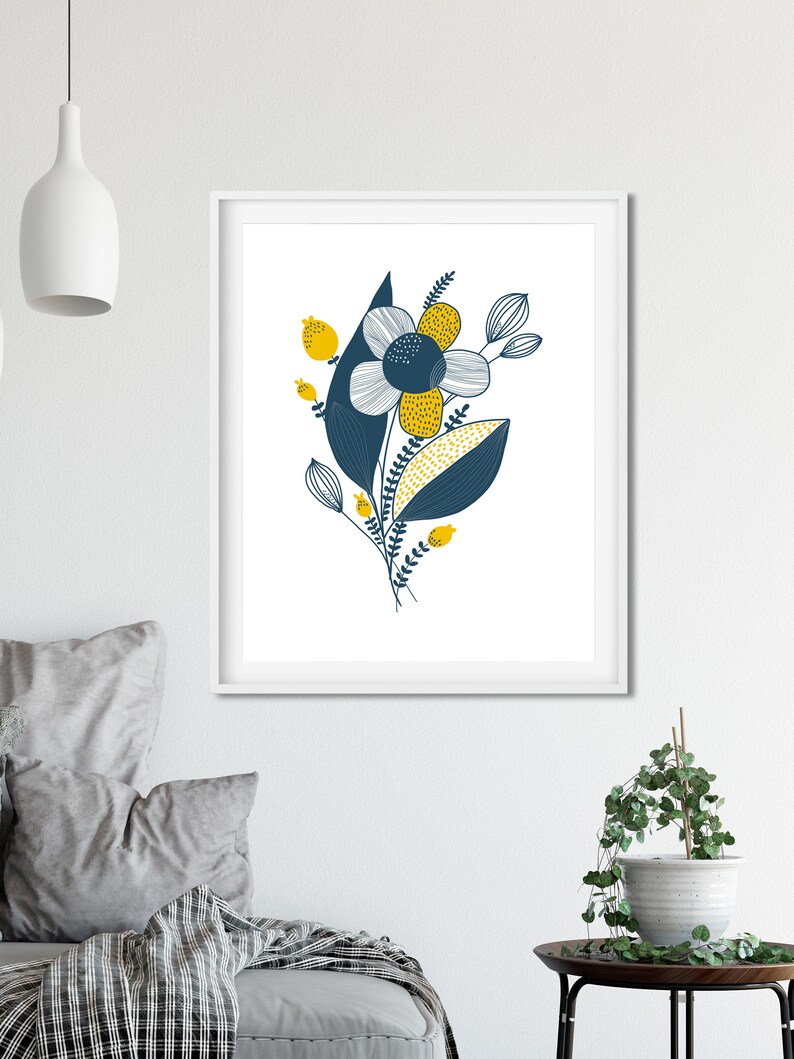 Modern Floral Print Blue and Yellow Art Print Printable - Etsy
