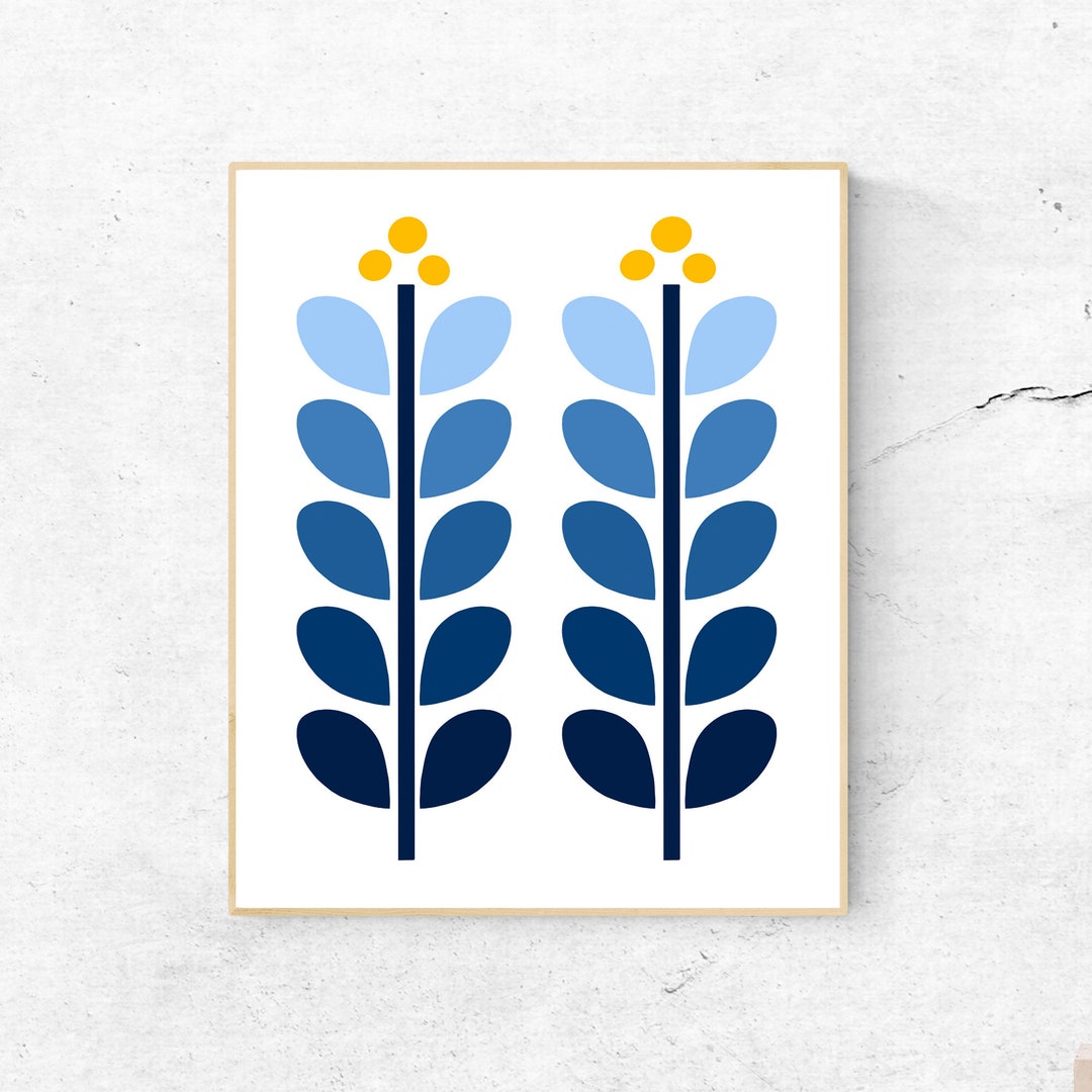 Navy Wall Art Print, Scandi Flower Print, Retro Modern Print ...