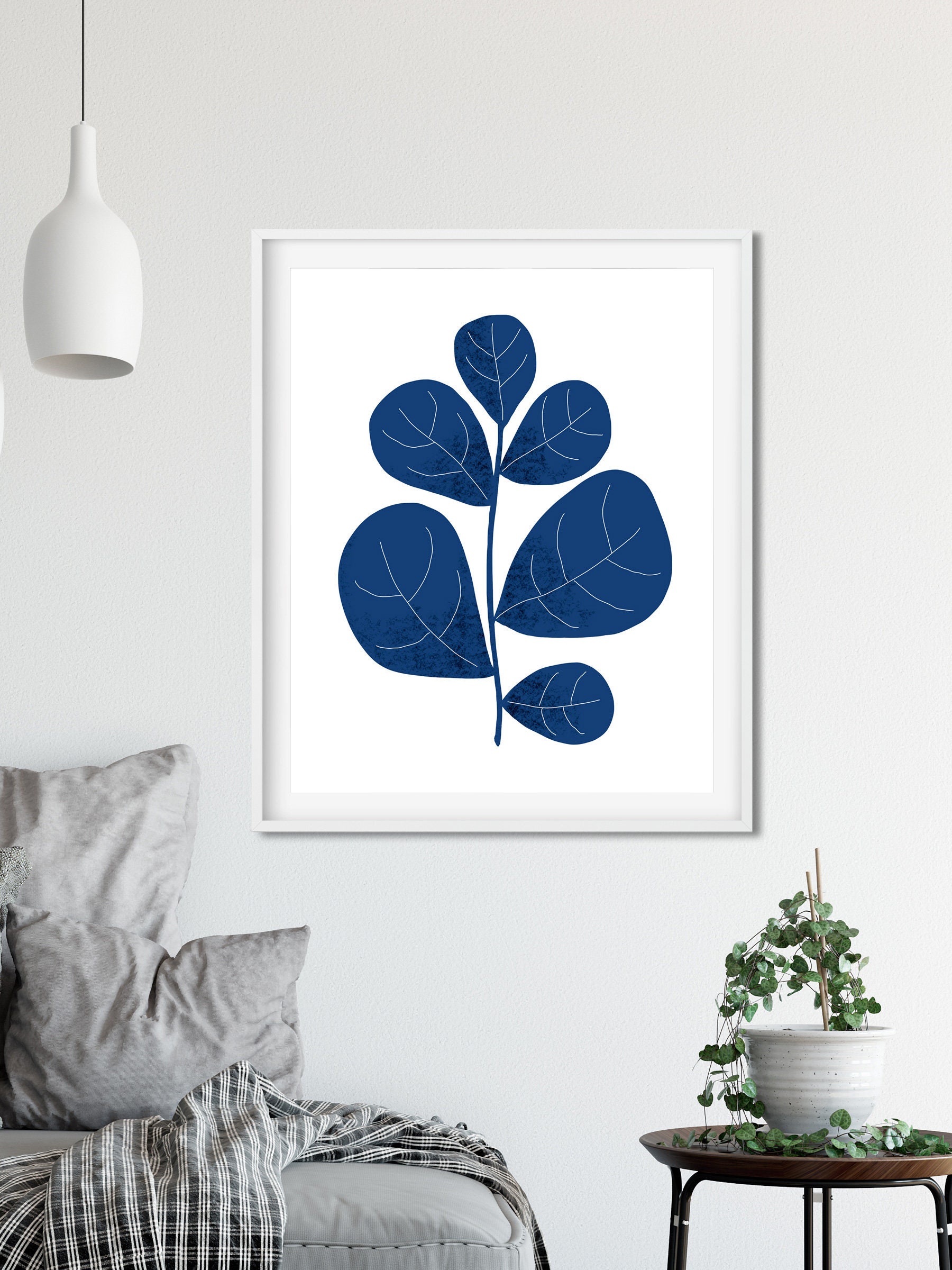 Navy Leaf Print, Minimal Botanical Prints, Navy Scandinavian Print ...