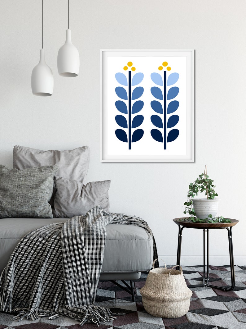 Navy Wall Art Print Scandi Flower Print Retro Modern Print | Etsy