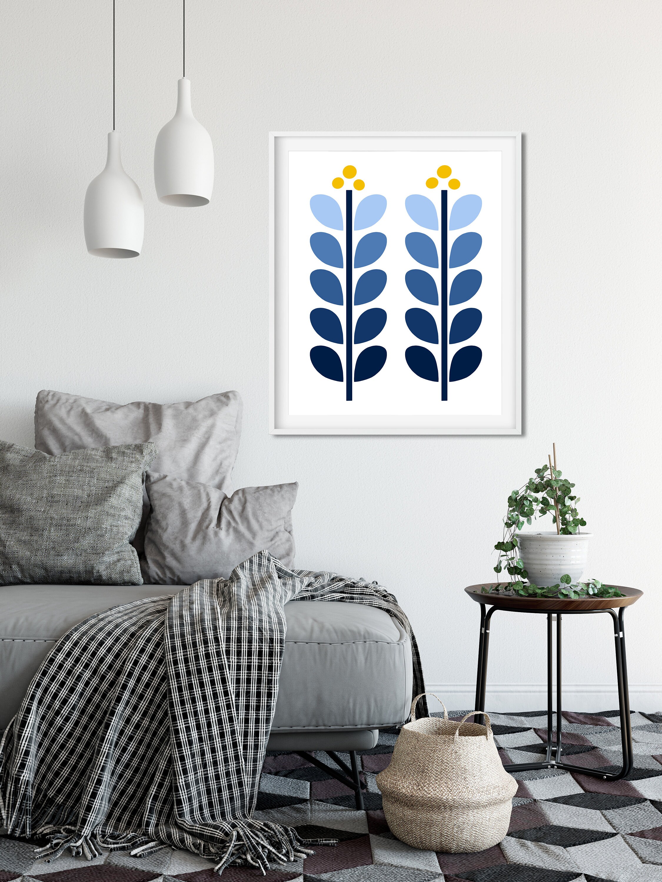 Navy Wall Art Print Scandi Flower Print Retro Modern Print | Etsy