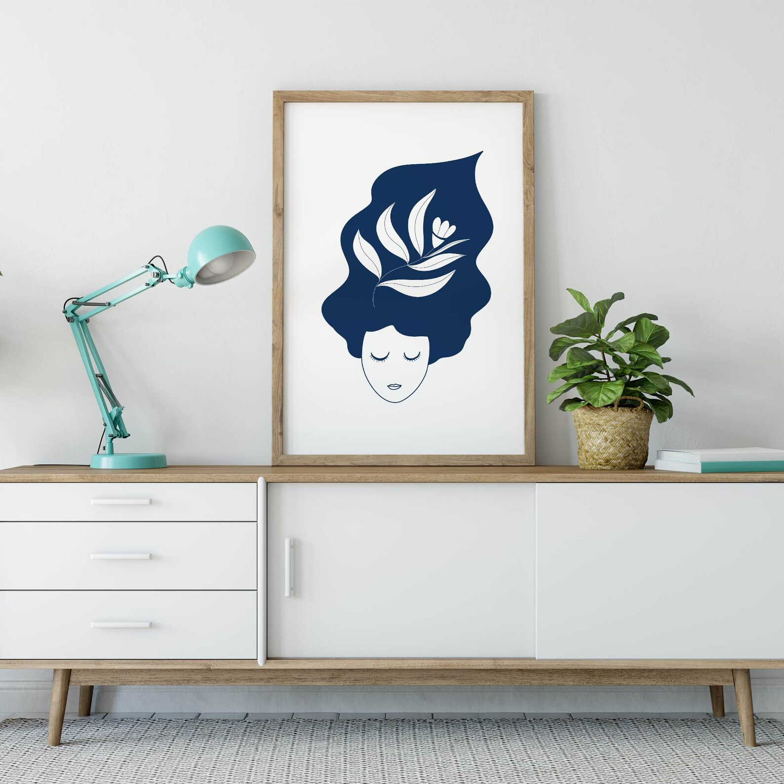 Blue and White Modern Art, Woman Line Art Print, Woman Face Art ...