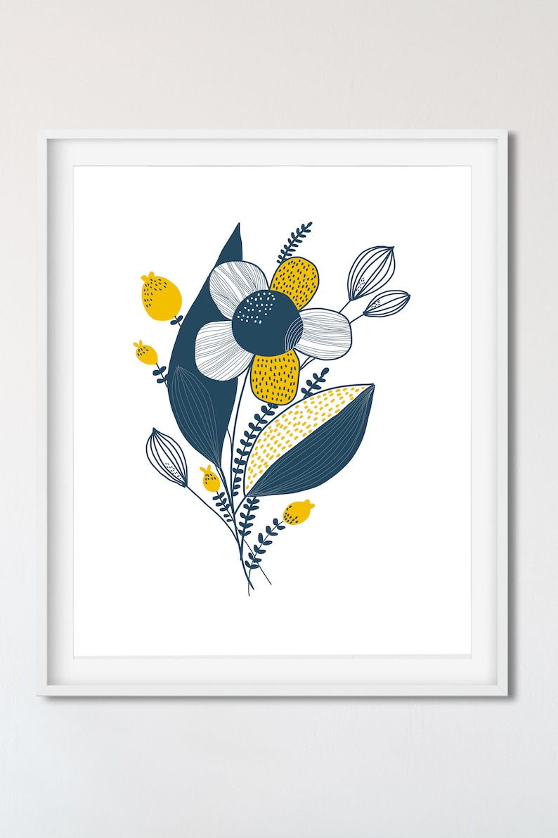 Modern Floral Print Blue and Yellow Art Print Printable - Etsy