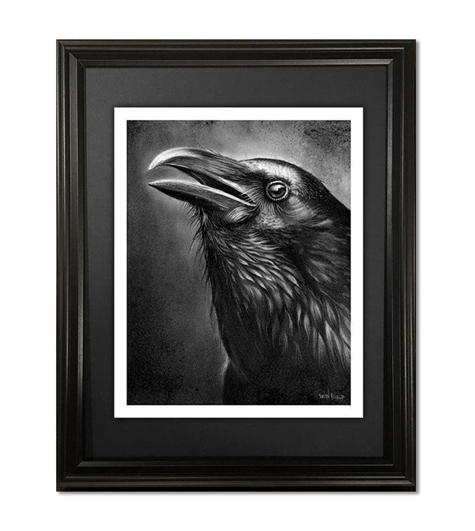 Raven Fine Art Print - 13"x16", Wall Art, Charcoal Drawing, Wildlife ...
