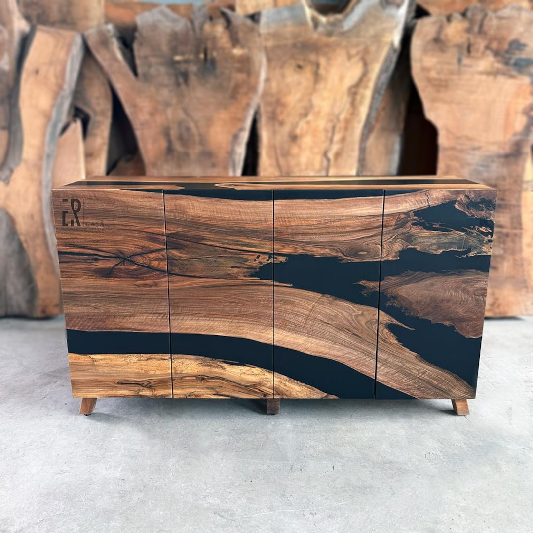 Large Waterfall Epoxy and Walnut Wood Slab Cabinet / Black Resin ...