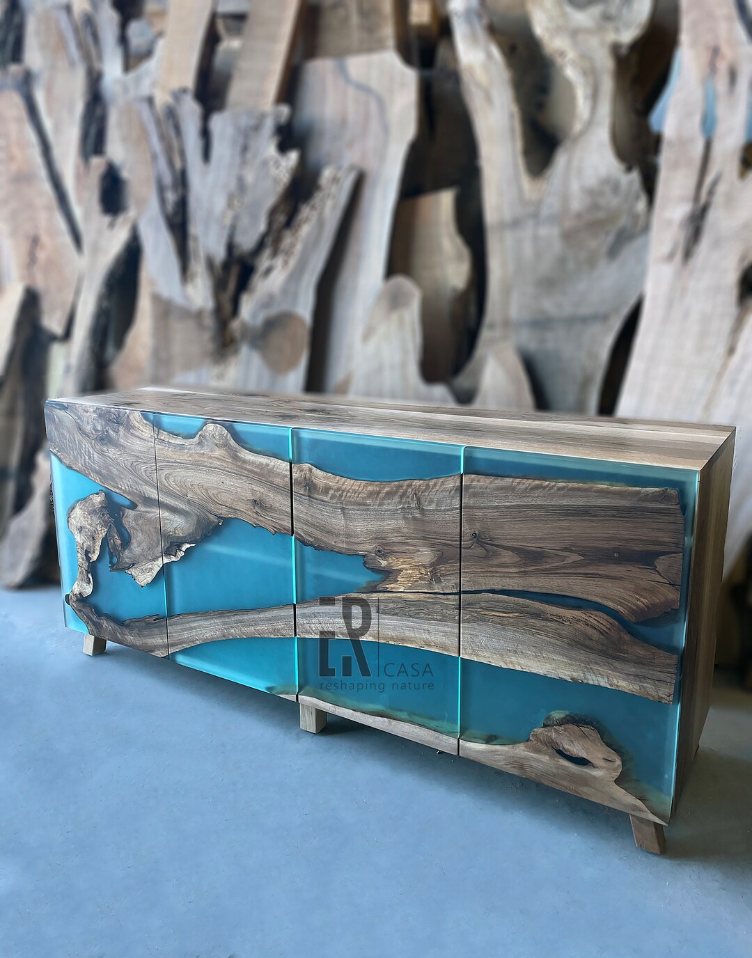 Modern Walnut Wood and Turquoise Epoxy Resin Buffet Cabinet/ Media ...