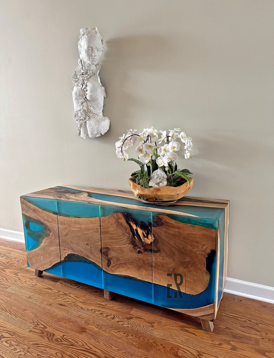 Modern Waterfall Buffet Cabinet / Walnut and Blue Epoxy Resin Cabinet ...