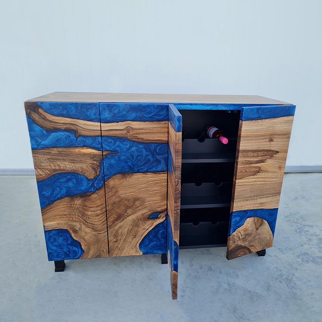 Wine Storage Cabinet/ Blue Epoxy Buffet Cabinet With Doors /wood Epoxy ...