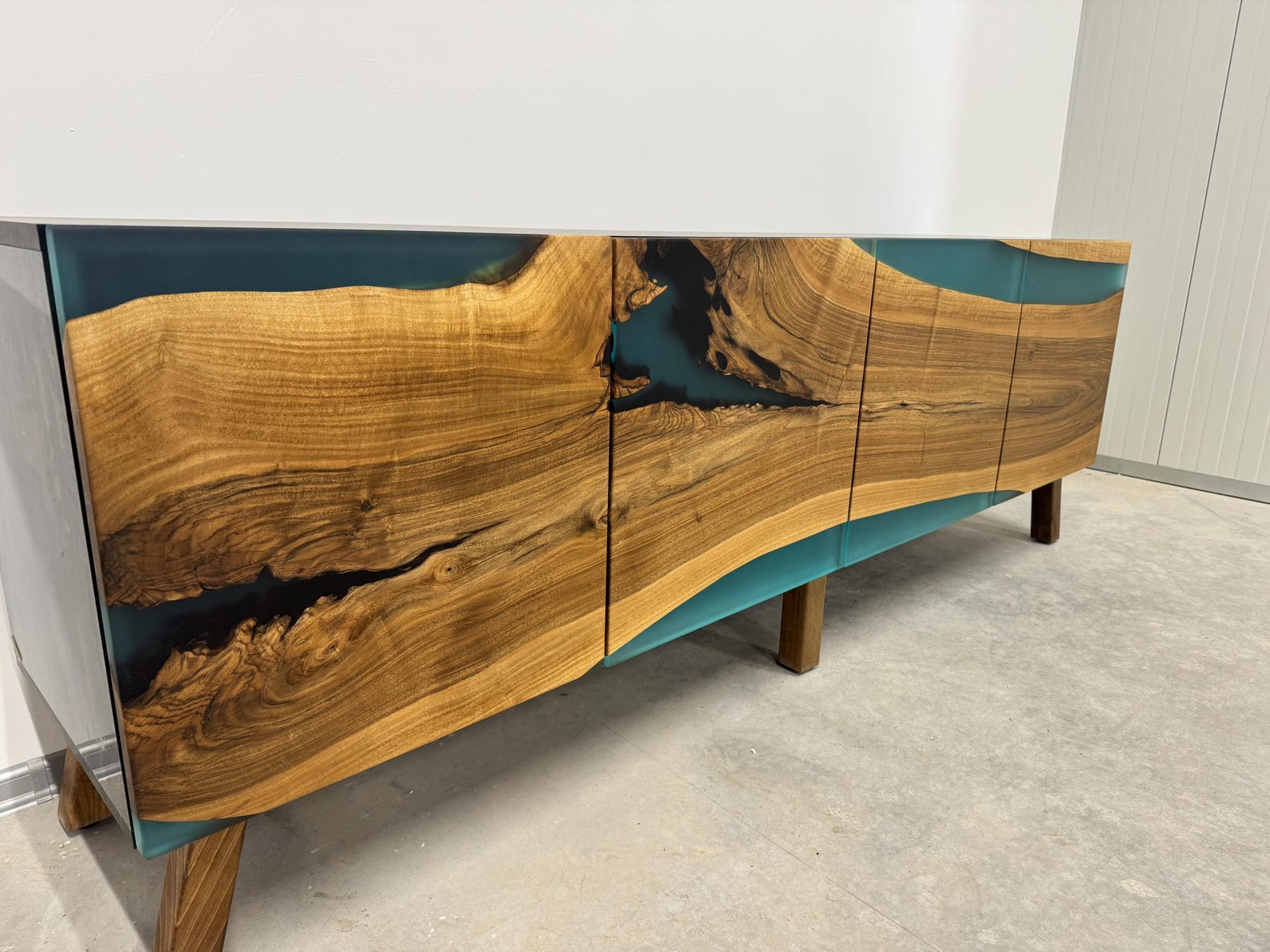 Teal Epoxy and Walnut Credenza / Custom Resin Sideboard /scandinavian ...
