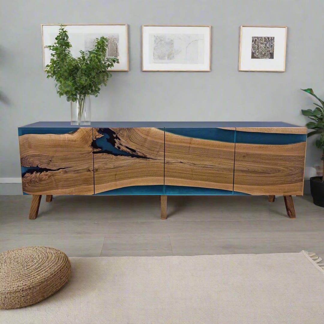 Teal Epoxy and Walnut Credenza /custom Wood Epoxy Sideboard / Office ...