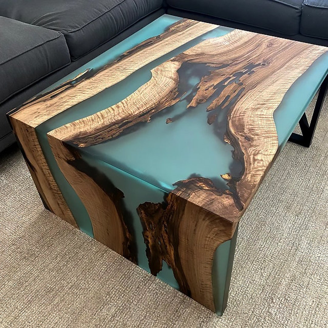 Epoxy Resin Modern Waterfall Coffee Table / Walnut Wood and Transparent ...