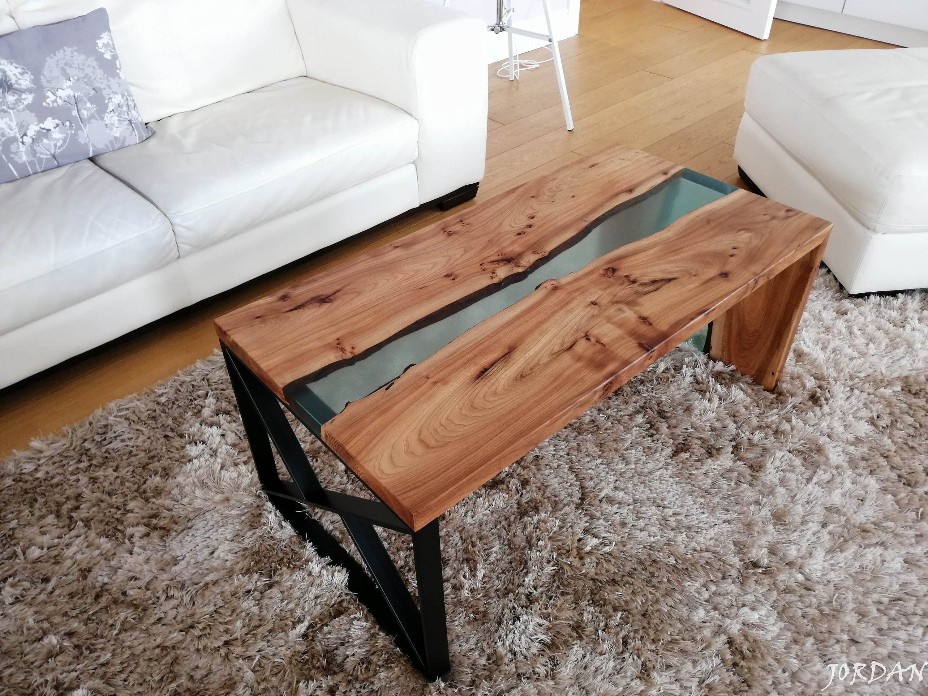 Live Edge Epoxy Waterfall River Table / Elm Wood and Turquoise - Etsy