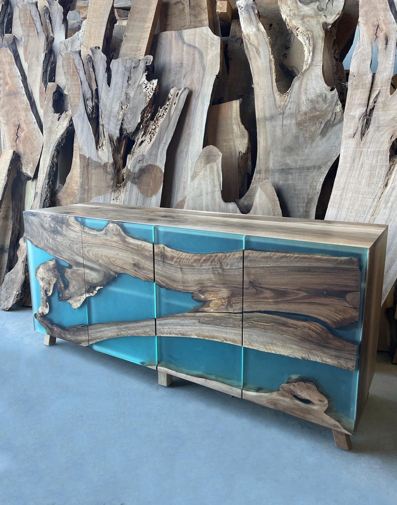 Walnut Wood and Epoxy Cabinet/ Teal Epoxy Resin Media Console ...