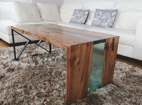 Live Edge Epoxy Waterfall River Table / Elm Wood and Turquoise - Etsy