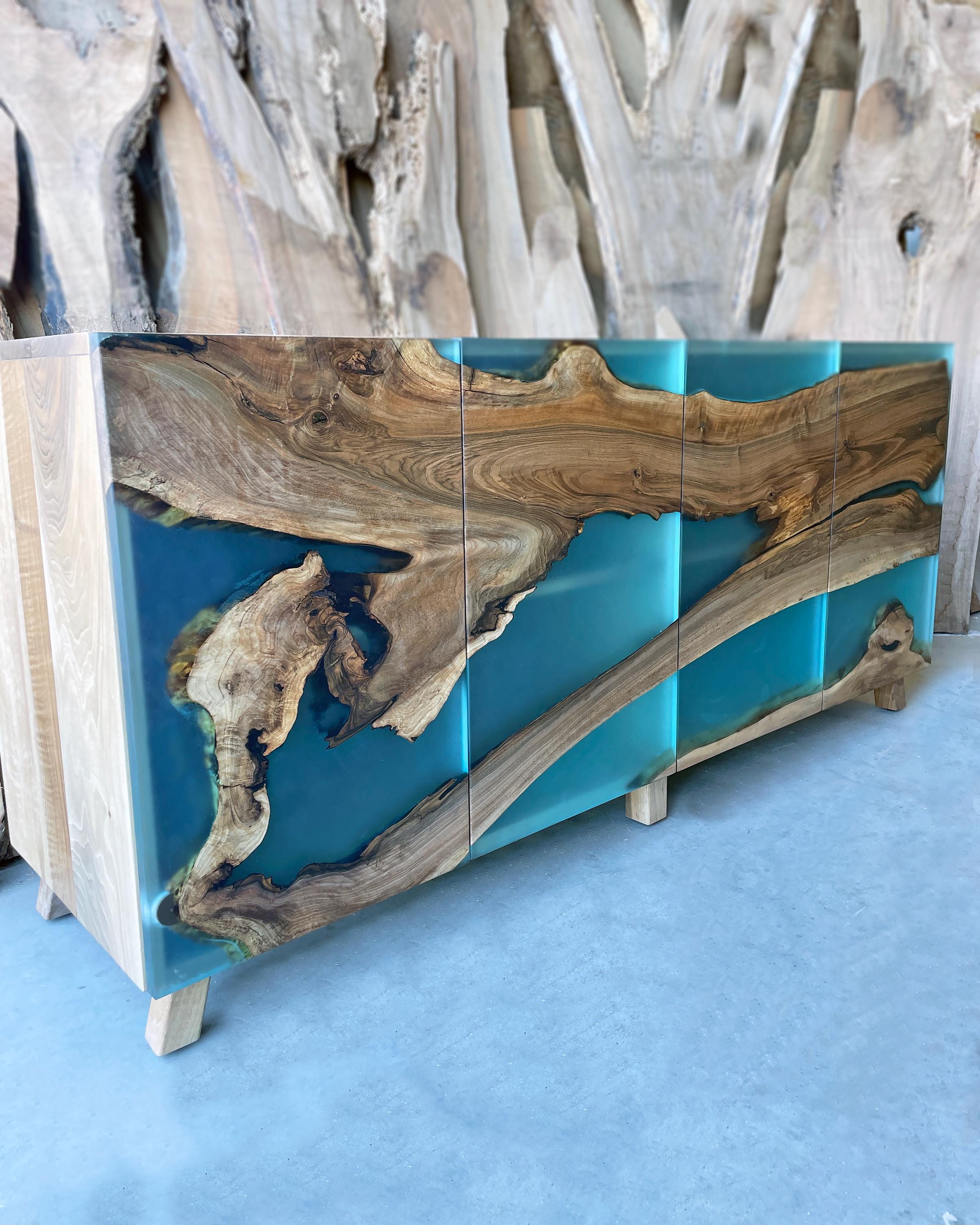 Walnut Wood and Epoxy Cabinet/ Teal Epoxy Resin Media Console ...