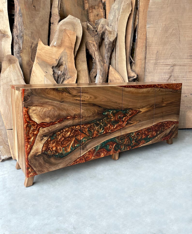 Bronze Green Epoxy Credenza /modern Walnut Wood Media Console /buffet ...