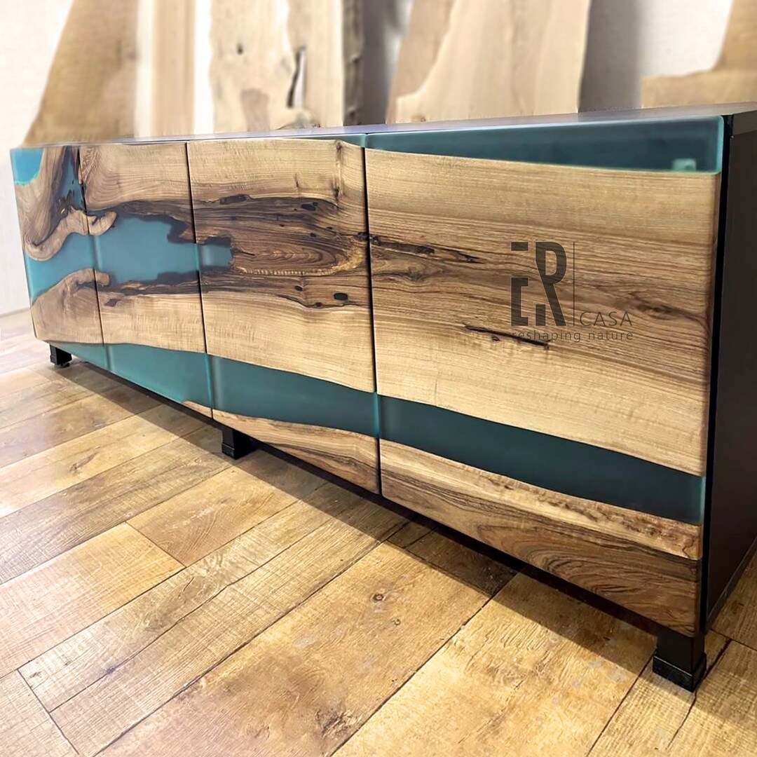 Walnut Wood and Teal Epoxy Sideboard / Office Credenza / Modern Buffet ...