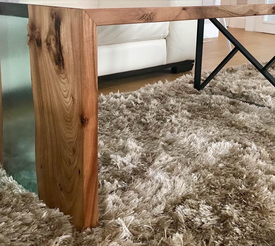 Live Edge Epoxy Waterfall River Table / Elm Wood and Turquoise | Etsy