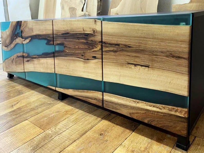 Walnut Wood and Teal Epoxy Sideboard / Office Credenza / Modern Buffet ...