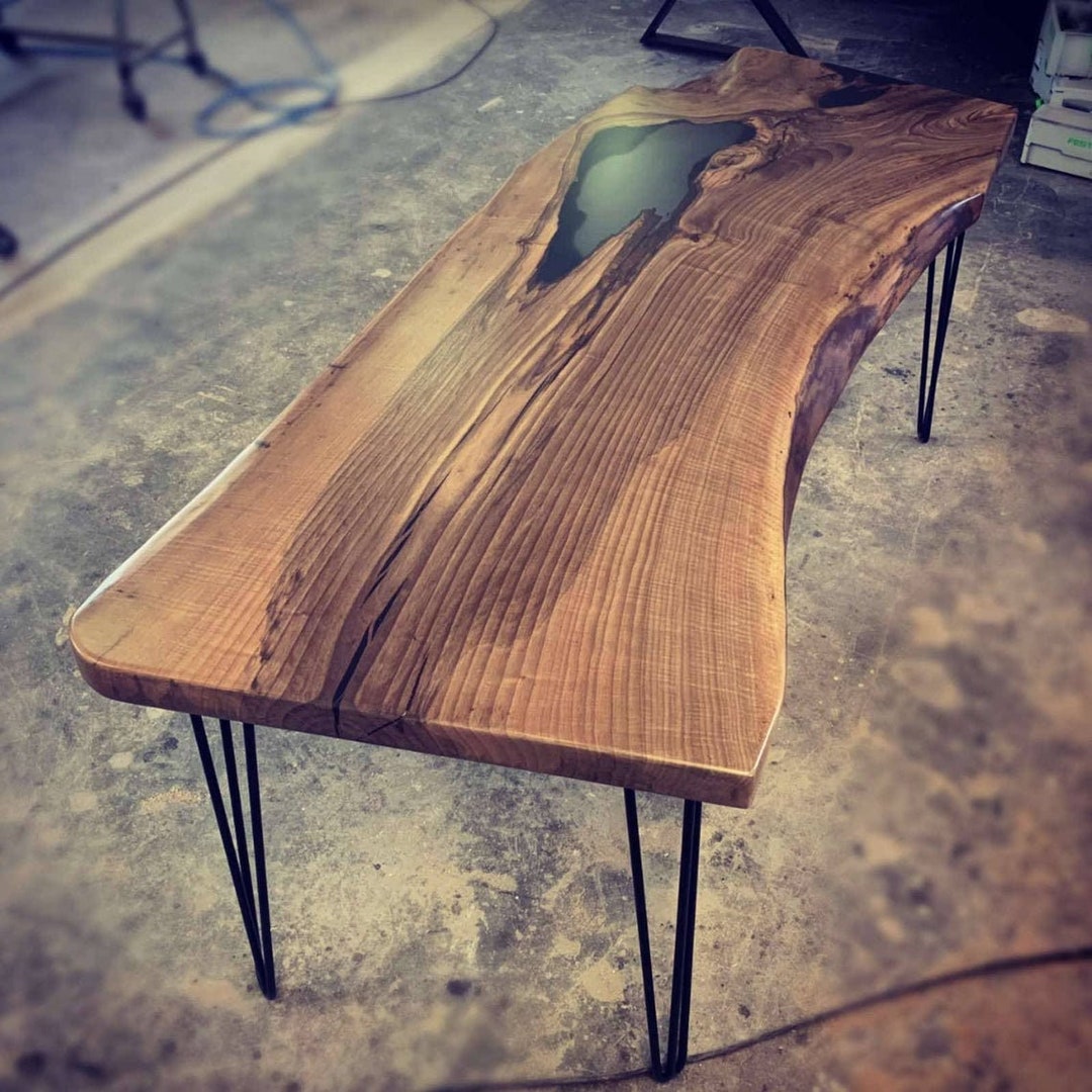 Modern Solid Wood and Sheer Black Epoxy Desk / Live Edge Wooden Desk ...